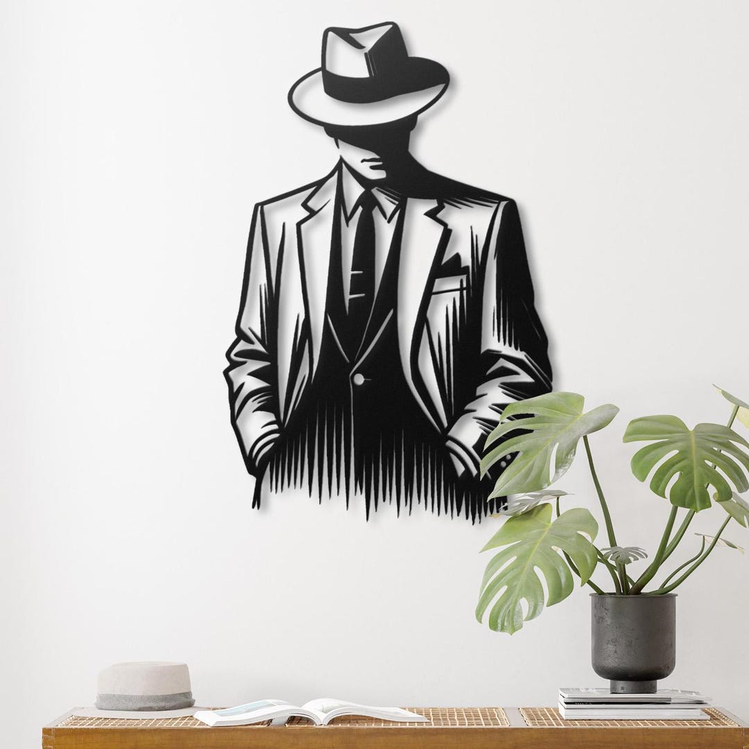 Metal Gangster Silhouette Wall Art, Mobster Fedora Suit Decor, Noir ...