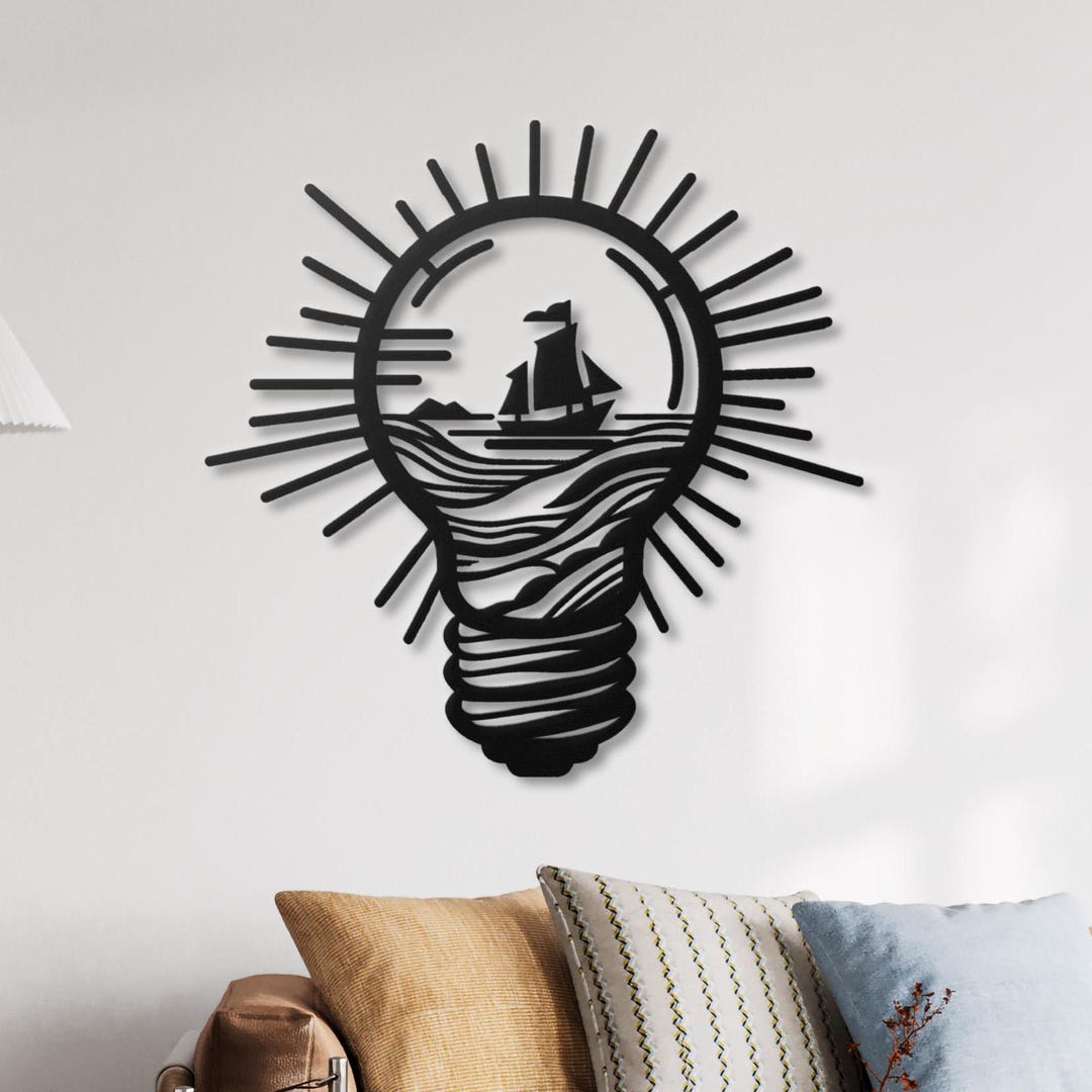 Light Bulb Ship Metal Wall Art, Nautical Ocean Wave Wall Decor, Sailing ...