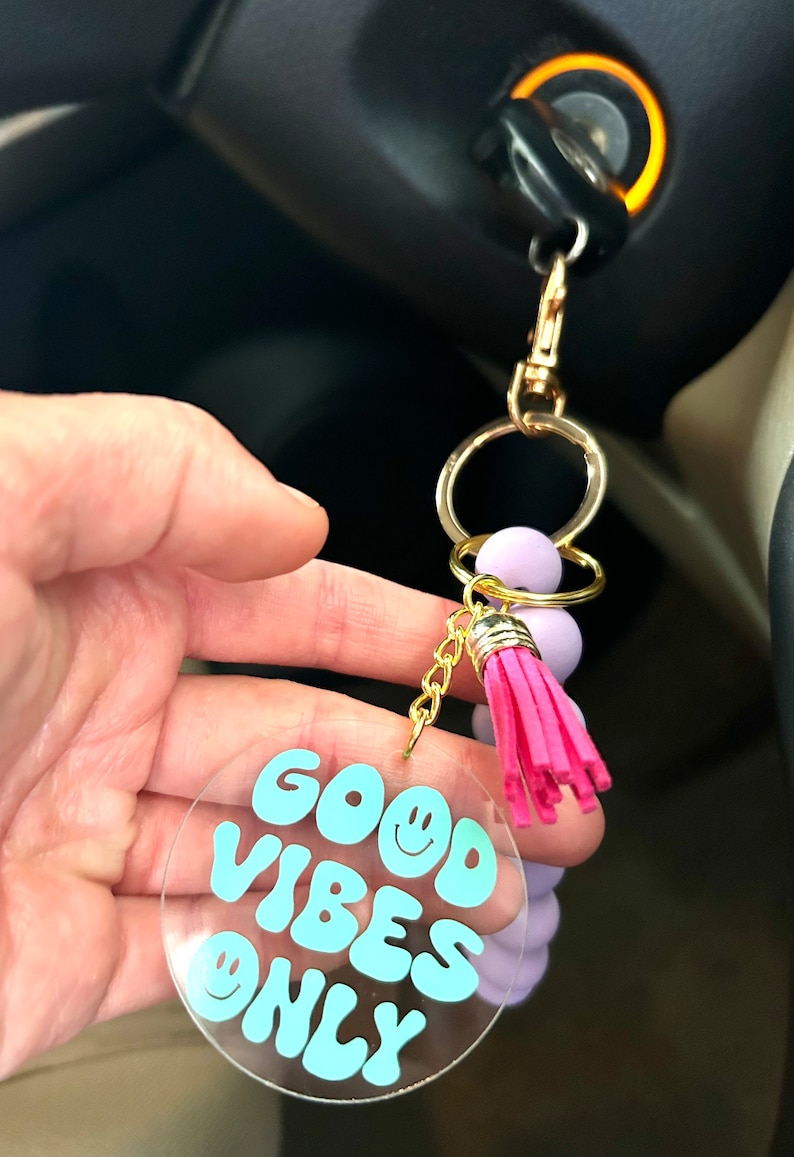 Good Vibes Only Acrylic Circle Keychain With Tassel // Backpack ...