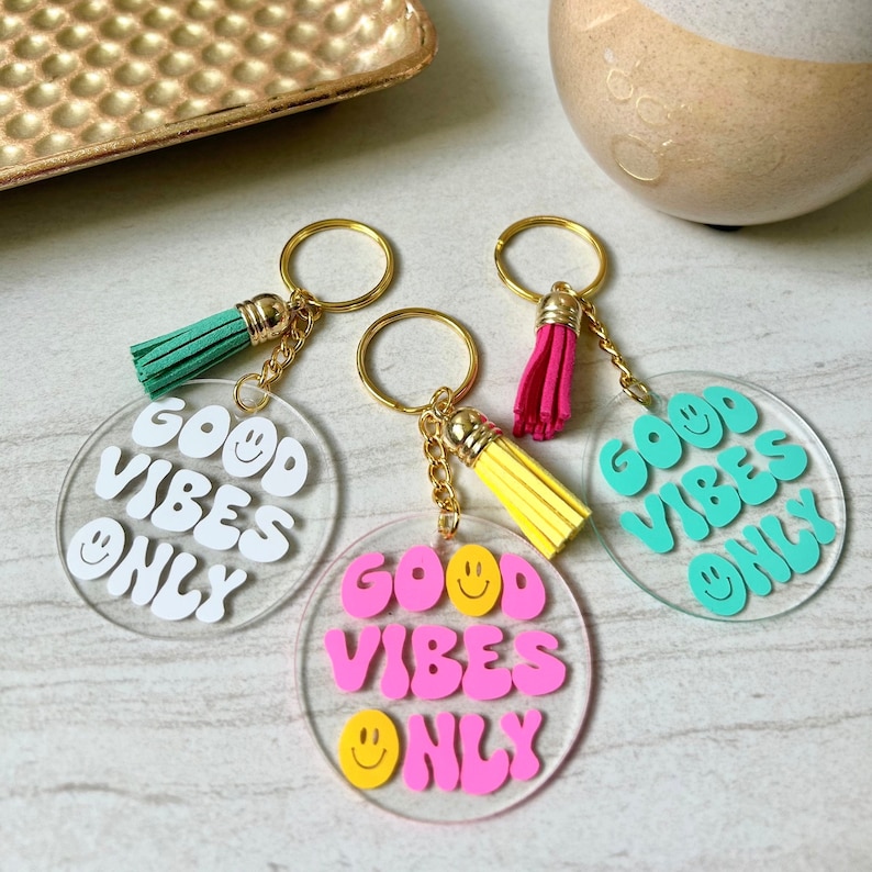 Good Vibes Only Acrylic Circle Keychain With Tassel // Backpack ...