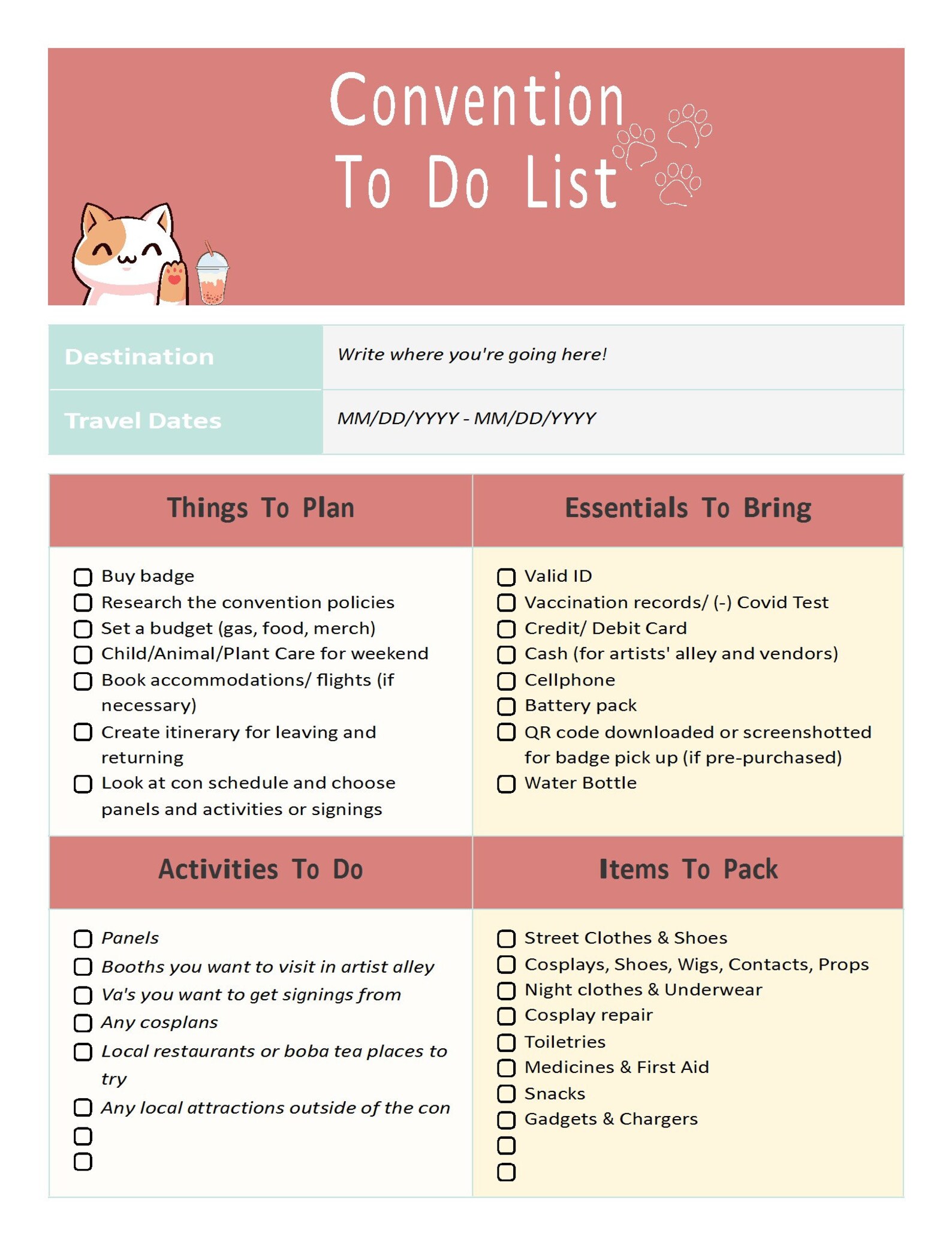 Con To- Do List (kawaii Cat Theme) - Etsy
