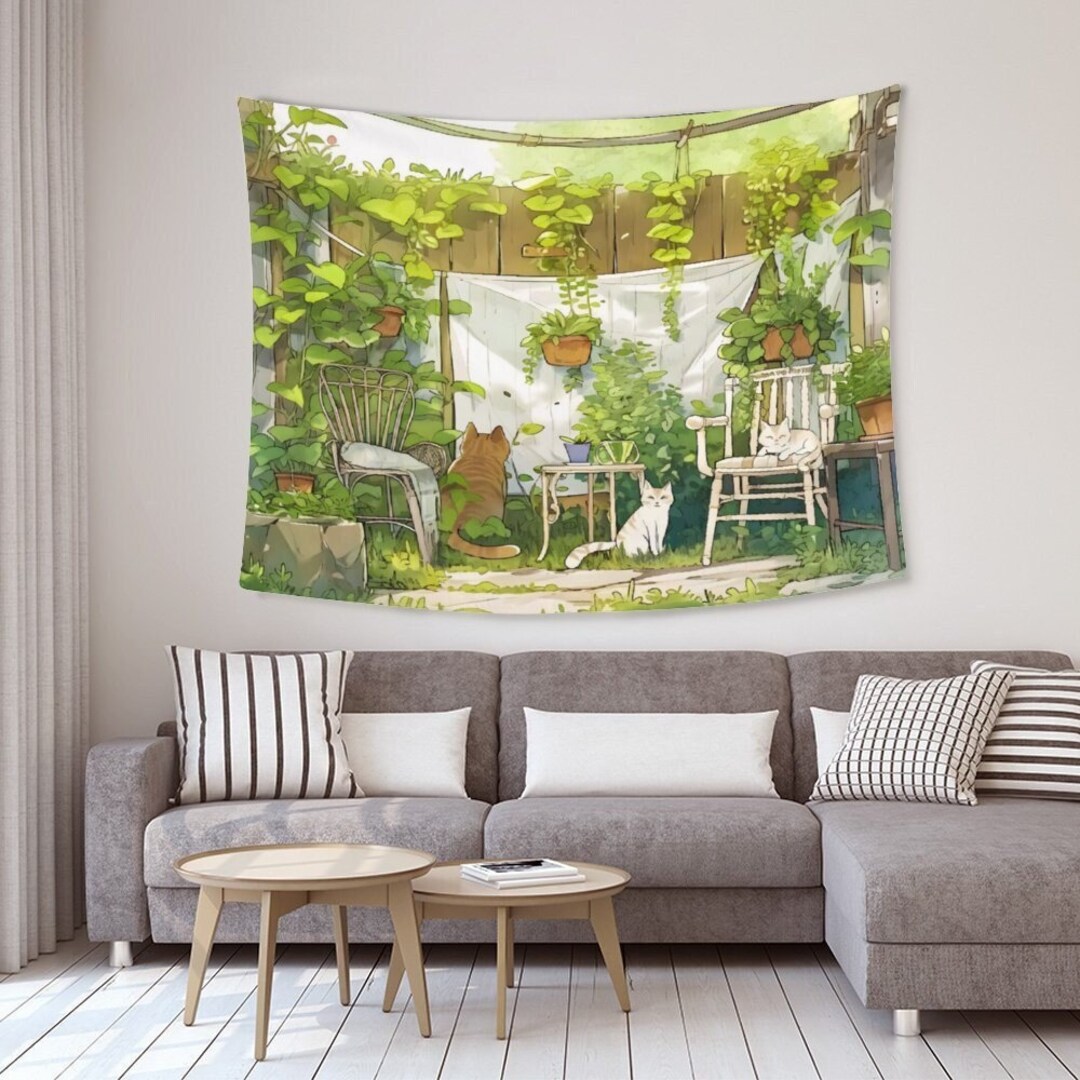 Kawaii Anime Wall Tapestry Cute Cartoon Cat Tapestry Green Garden Plant ...