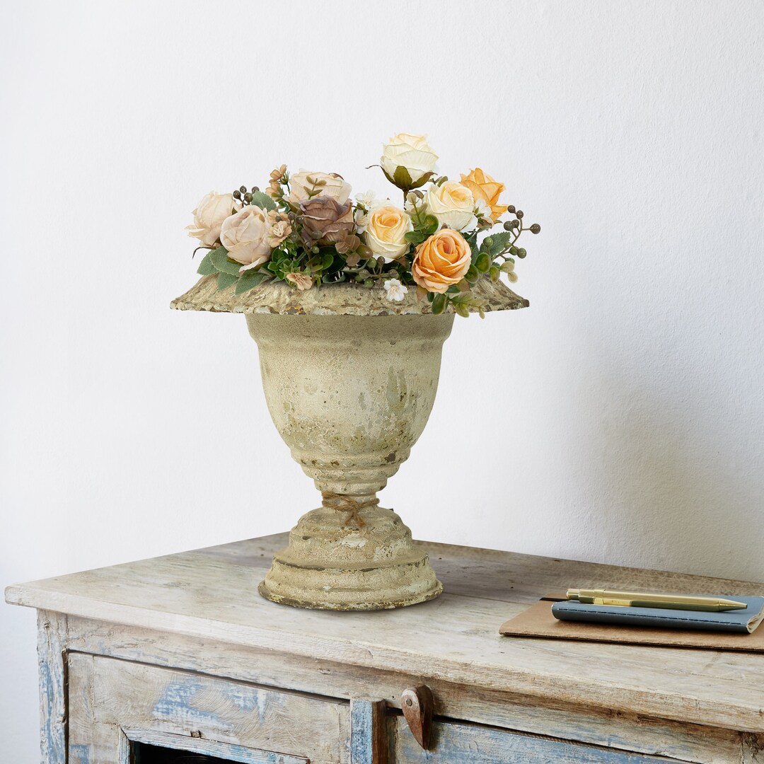 Vintage Iron Urn Planter Rustic Distressed Floral Vase French Country ...