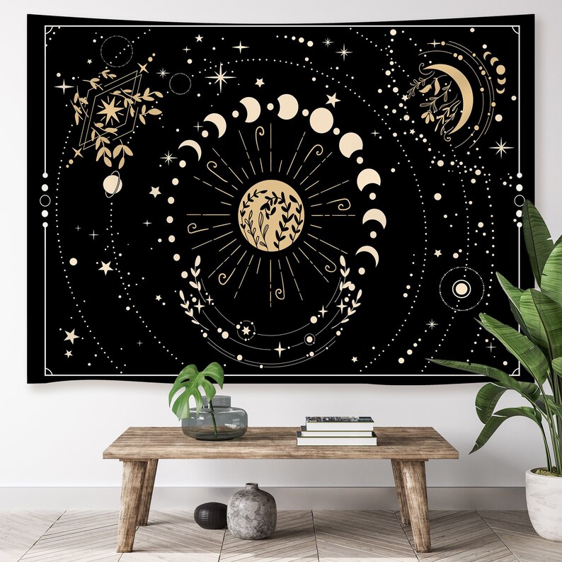 Moon Phase Tapestry Full Moon and Botanical Tapestry Aesthetic Tapestry ...