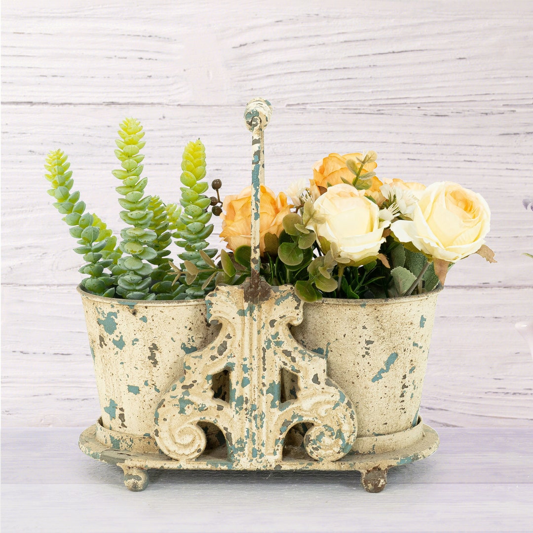 Double Round Planter With Metal Stand Rustic Metal Plant Pot Vintage ...