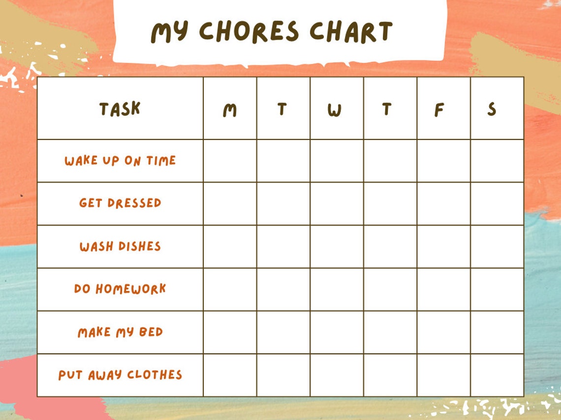 Colorful Chore Chart, Printable Weekly Kids Chore Responsibility Chart ...