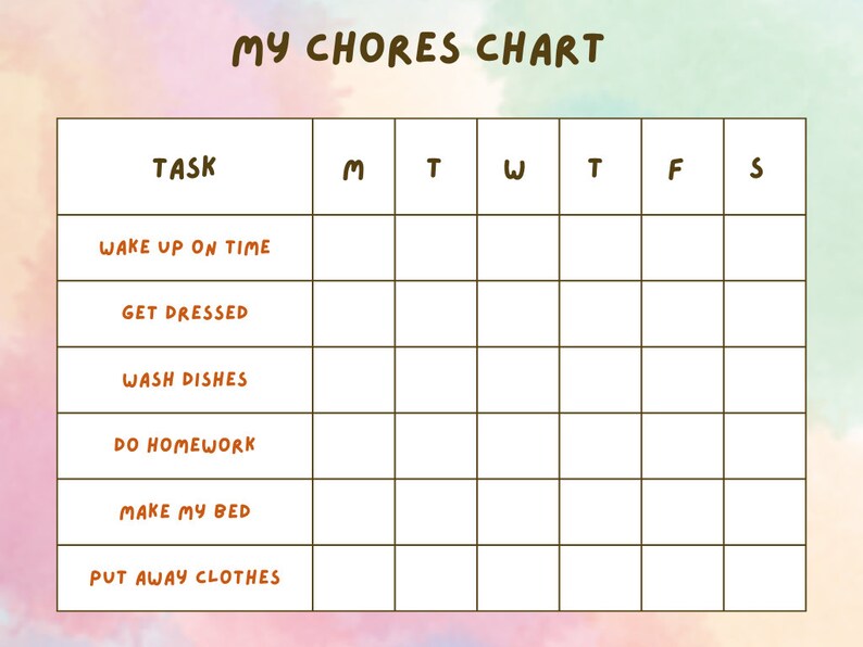 Colorful Chore Chart, Printable Weekly Kids Chore Responsibility Chart ...