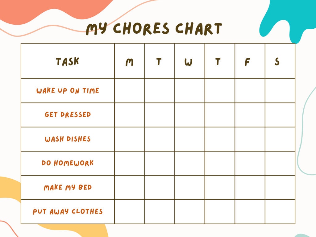 Colorful Chore Chart, Printable Weekly Kids Chore Responsibility Chart ...
