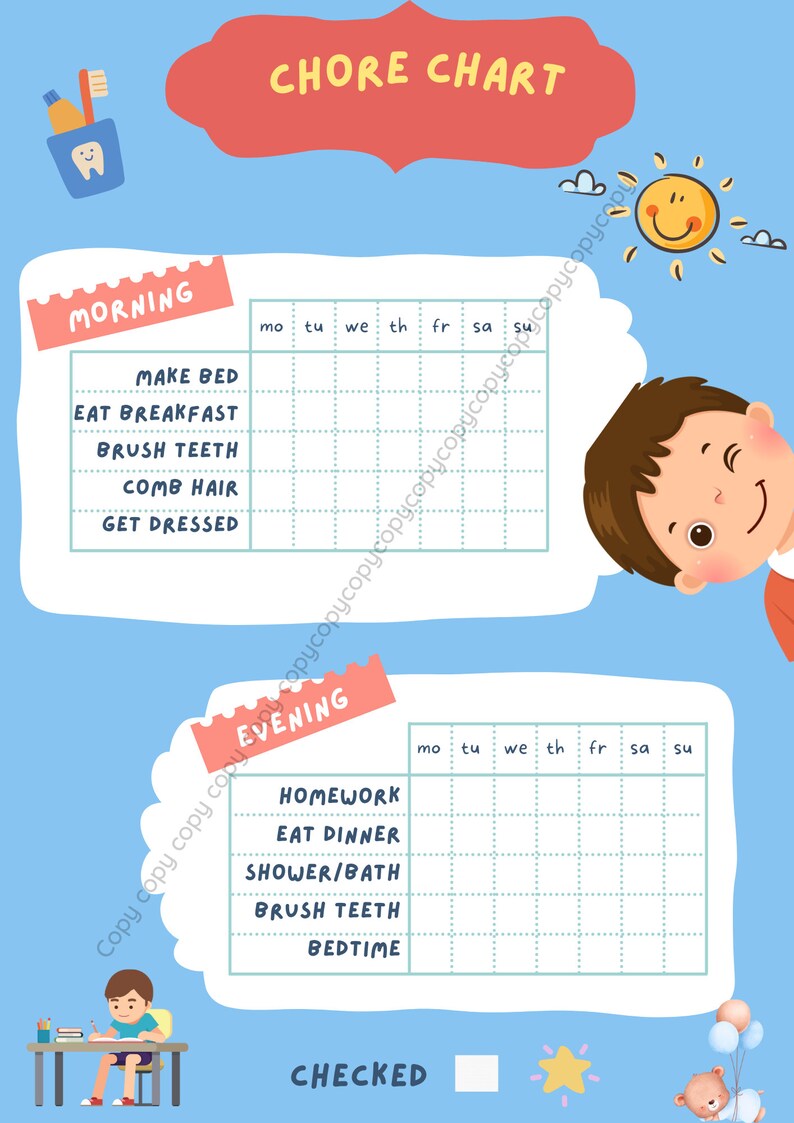 Chore Chart, Printable Weekly Kids Chore Responsibility Chart, Kids ...