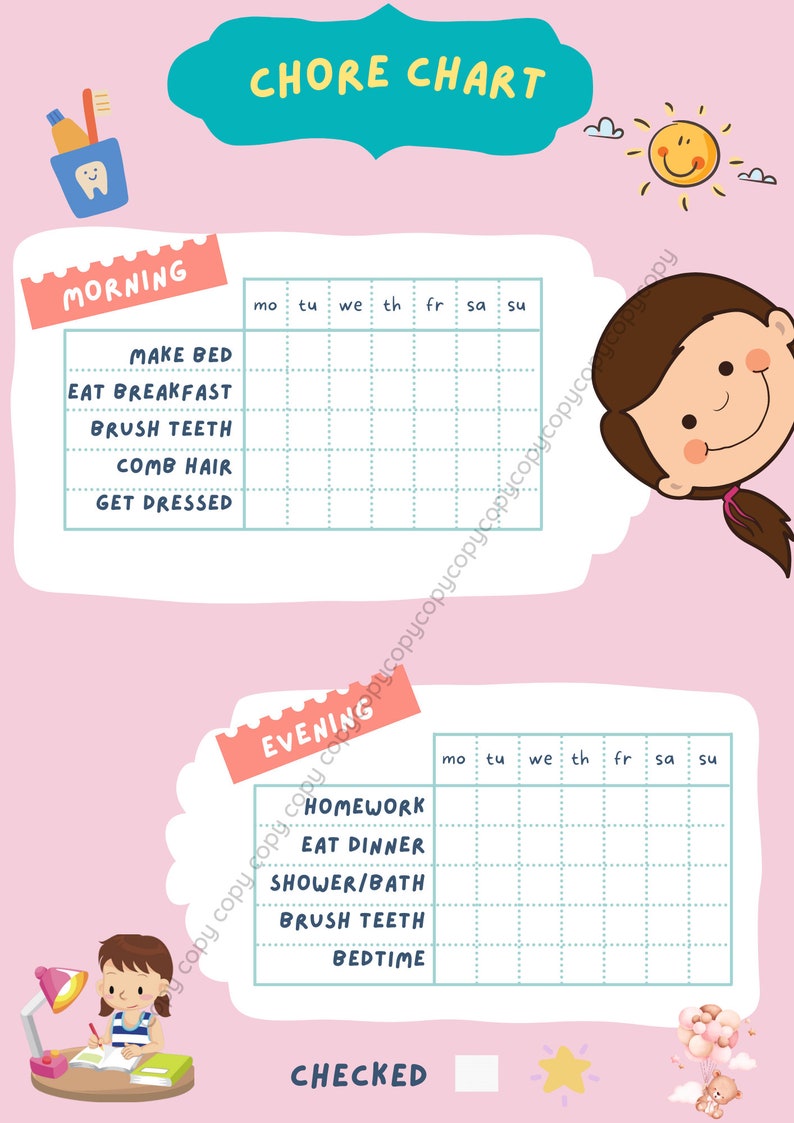 Chore Chart, Printable Weekly Kids Chore Responsibility Chart, Kids ...