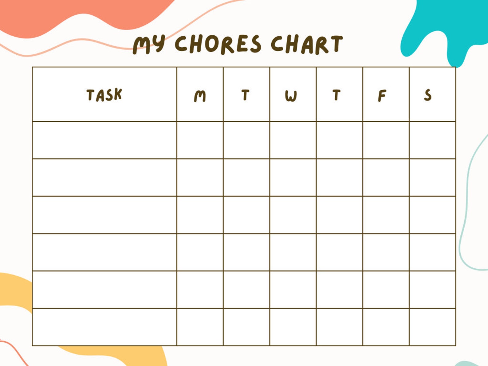 Colorful Chore Chart, Printable Weekly Kids Chore Responsibility Chart ...