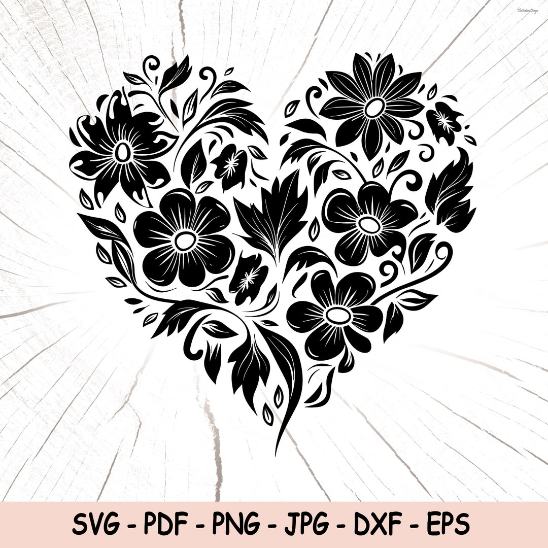 Flower Heart Svg Design, Heart Svg for Cricut, Heart Wreath Svg, Flower ...