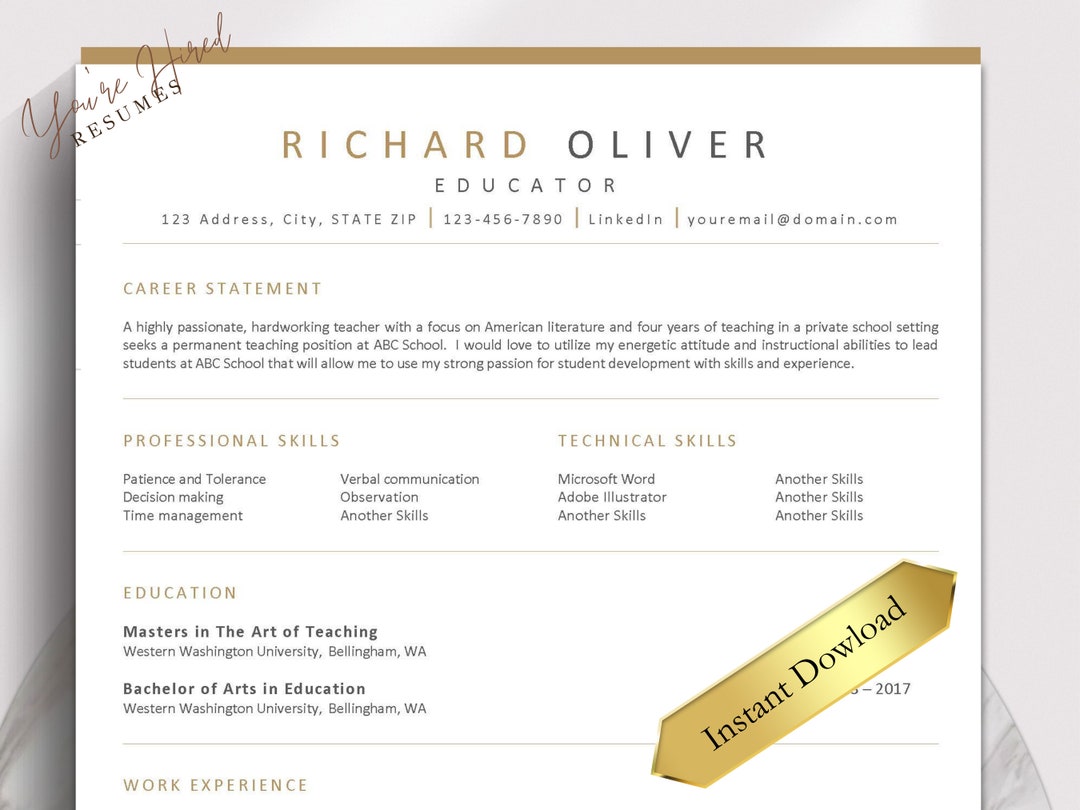 Teacher Resume Template Bundle Instant Download Digital Download ATS ...