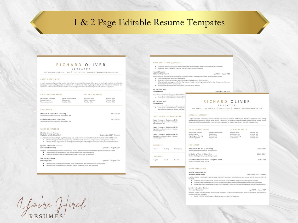 Teacher Resume Template Bundle Instant Download Digital Download ATS ...