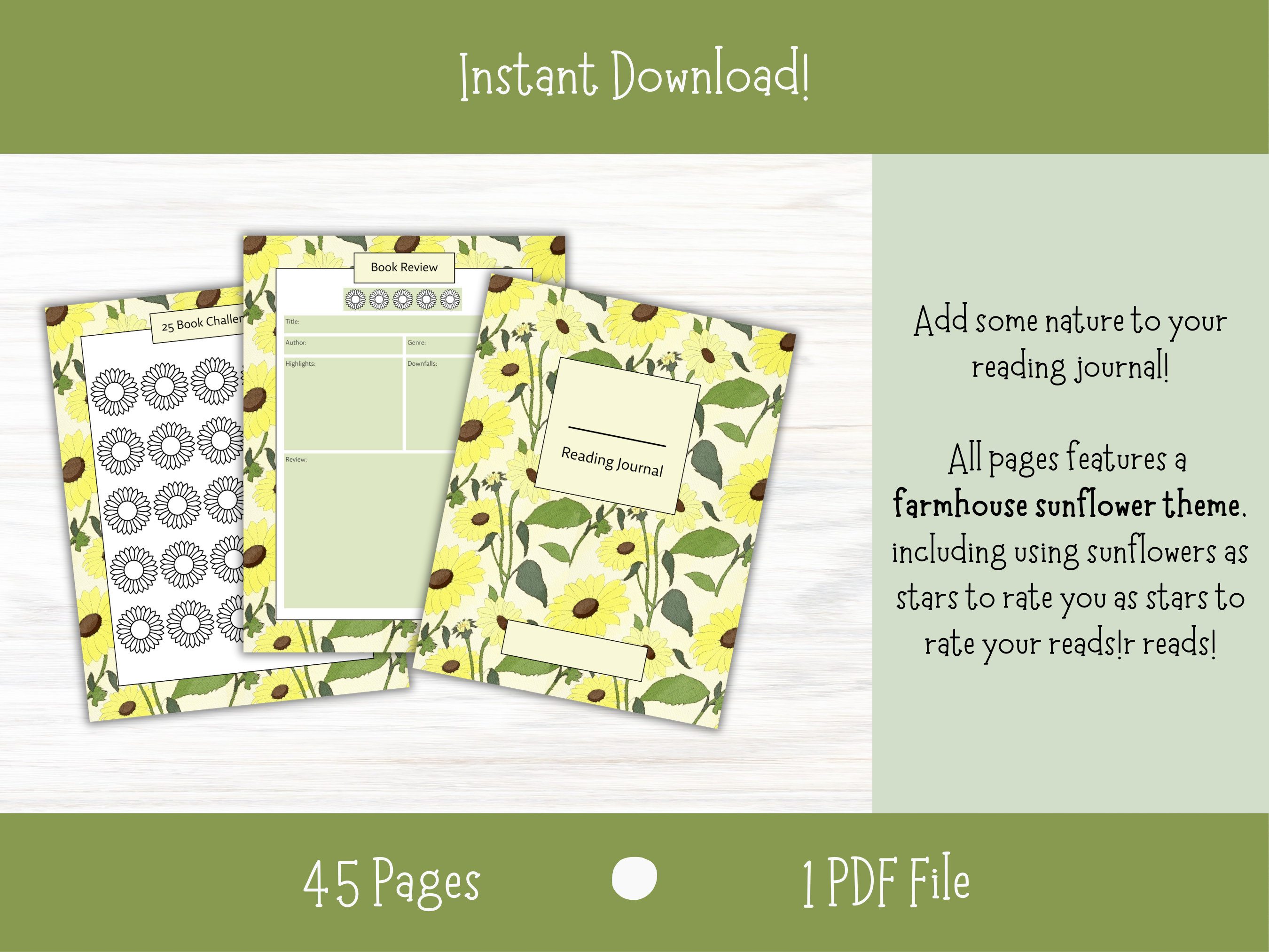 Printable Reading Journal Sunflower Digital PDF Farmhouse Reading Log ...