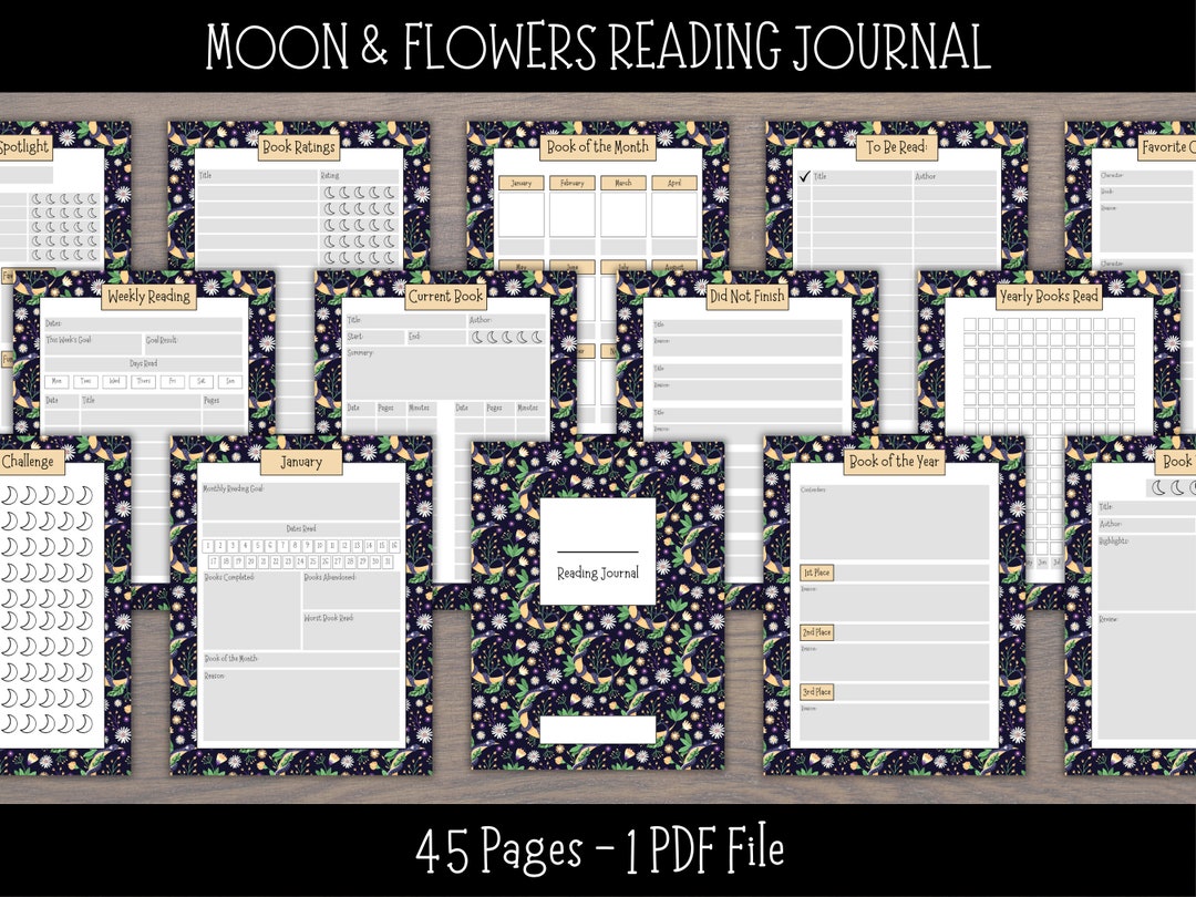Printable Reading Journal Planner Log, Moon, Flowers, Floral, Easy to ...