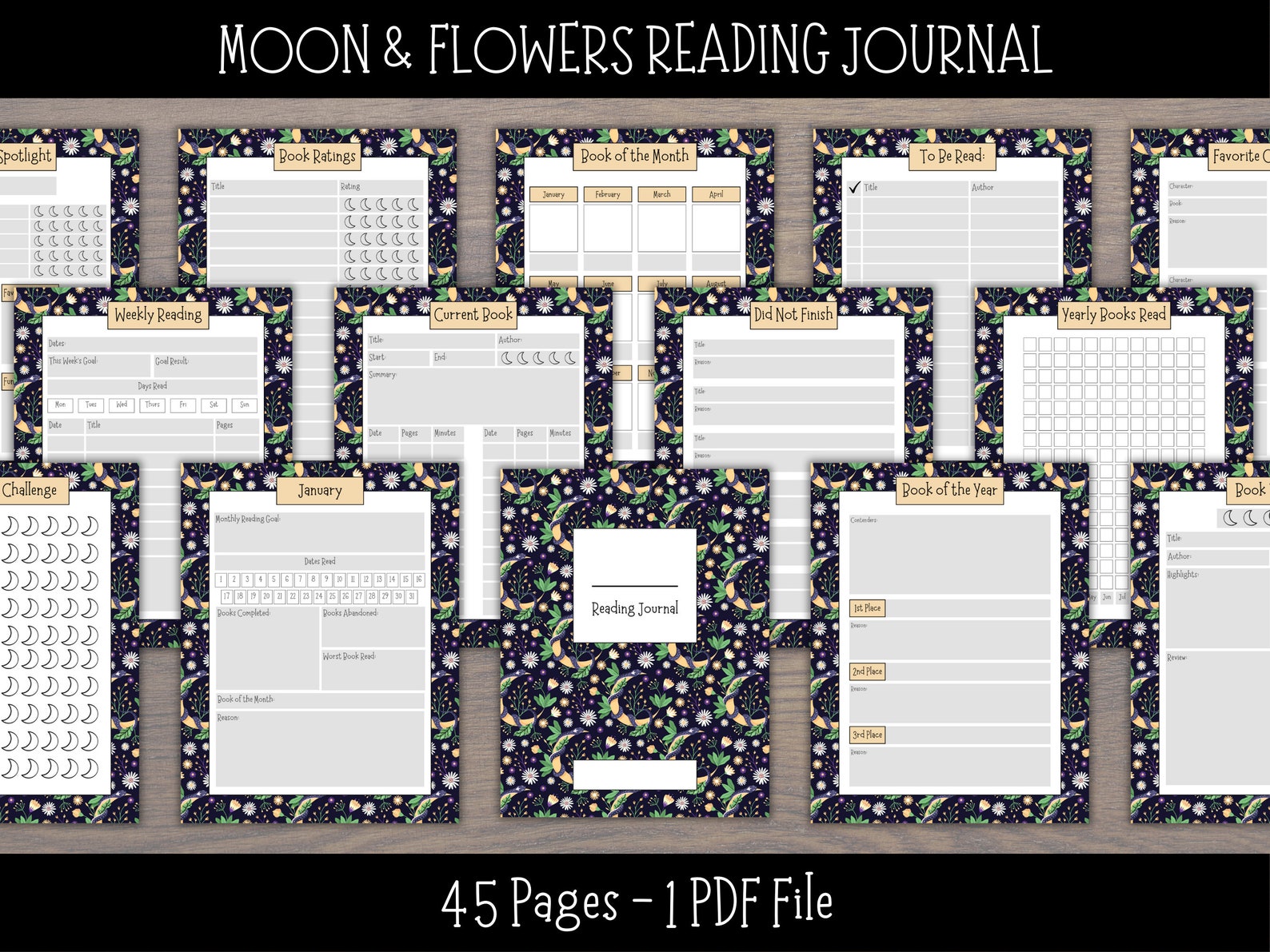 Printable Reading Journal Planner Log, Moon, Flowers, Floral, Easy to ...
