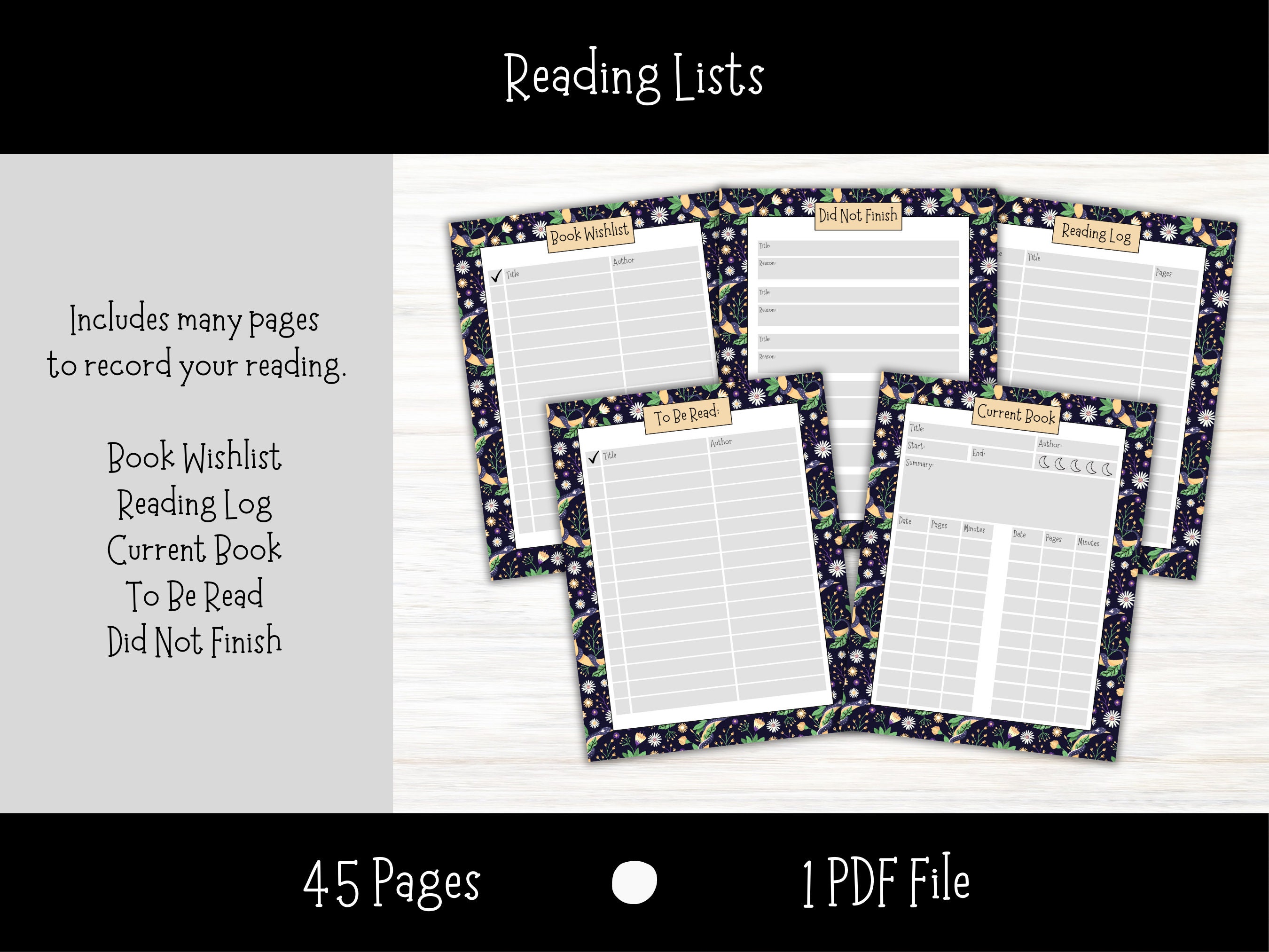 Printable Reading Journal Planner Log, Moon, Flowers, Floral, Easy to ...