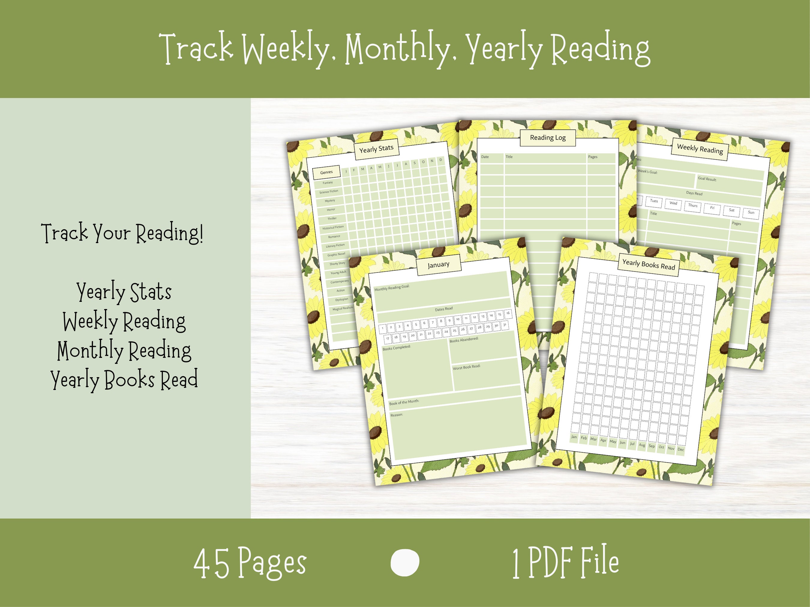 Printable Reading Journal Sunflower Digital PDF Farmhouse Reading Log ...