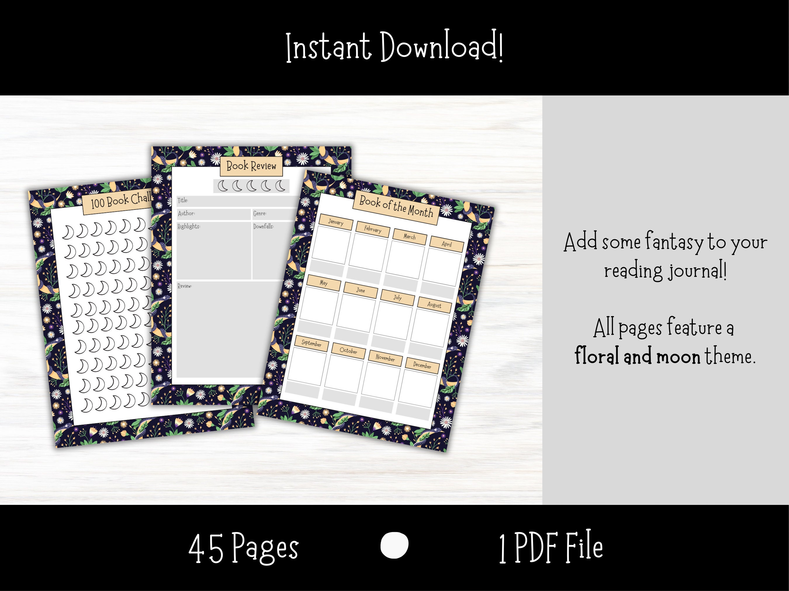Printable Reading Journal Planner Log, Moon, Flowers, Floral, Easy to ...