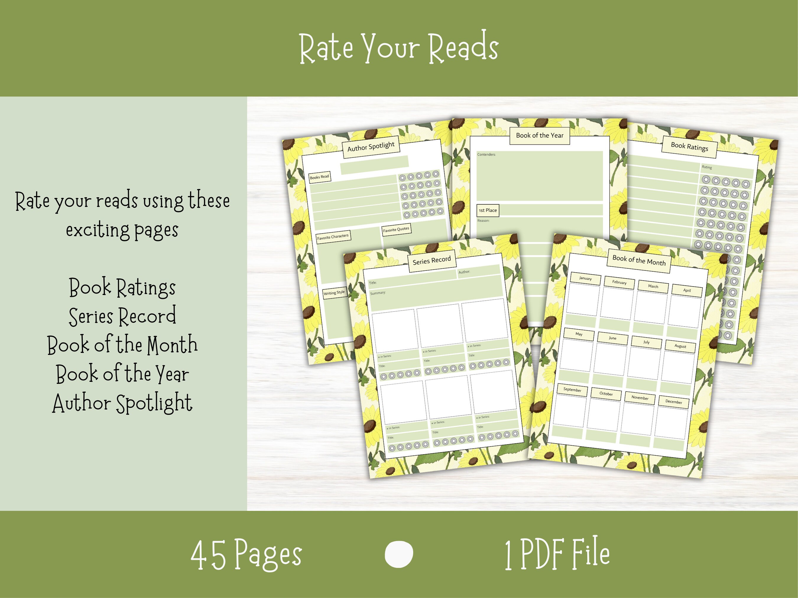 Printable Reading Journal Sunflower Digital PDF Farmhouse Reading Log ...