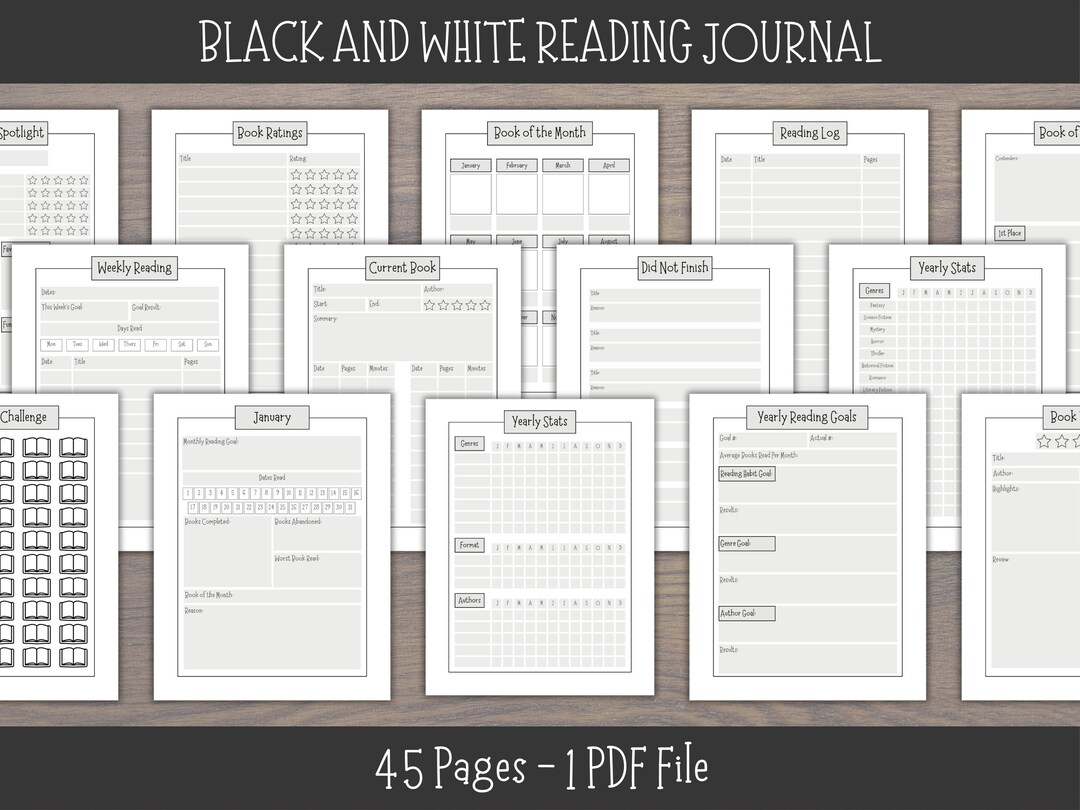 Printable Reading Journal Planner Log, Black and White, Easy to Print ...