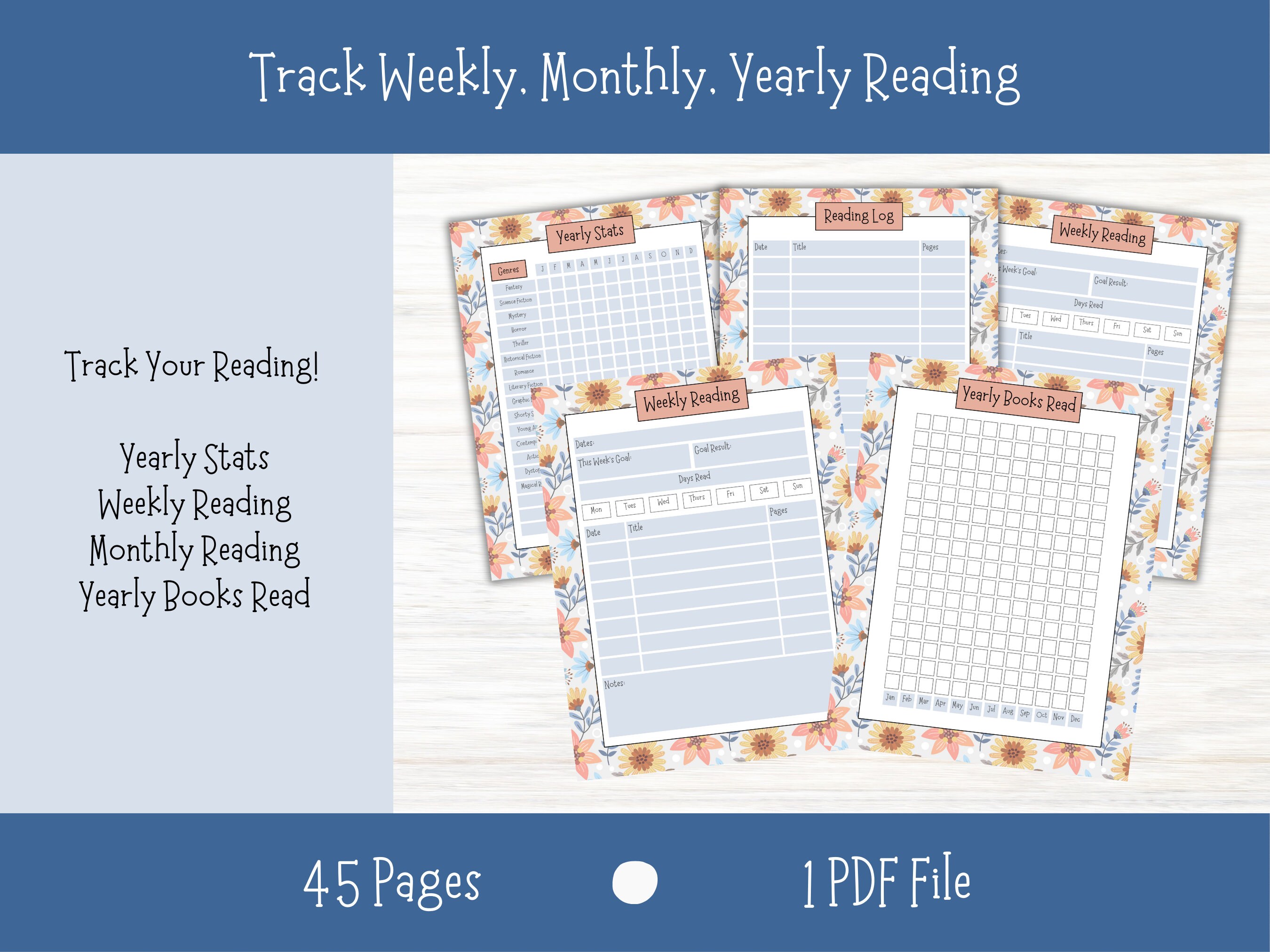 Sunflower Floral Printable Reading Journal Planner Log Digital PDF ...