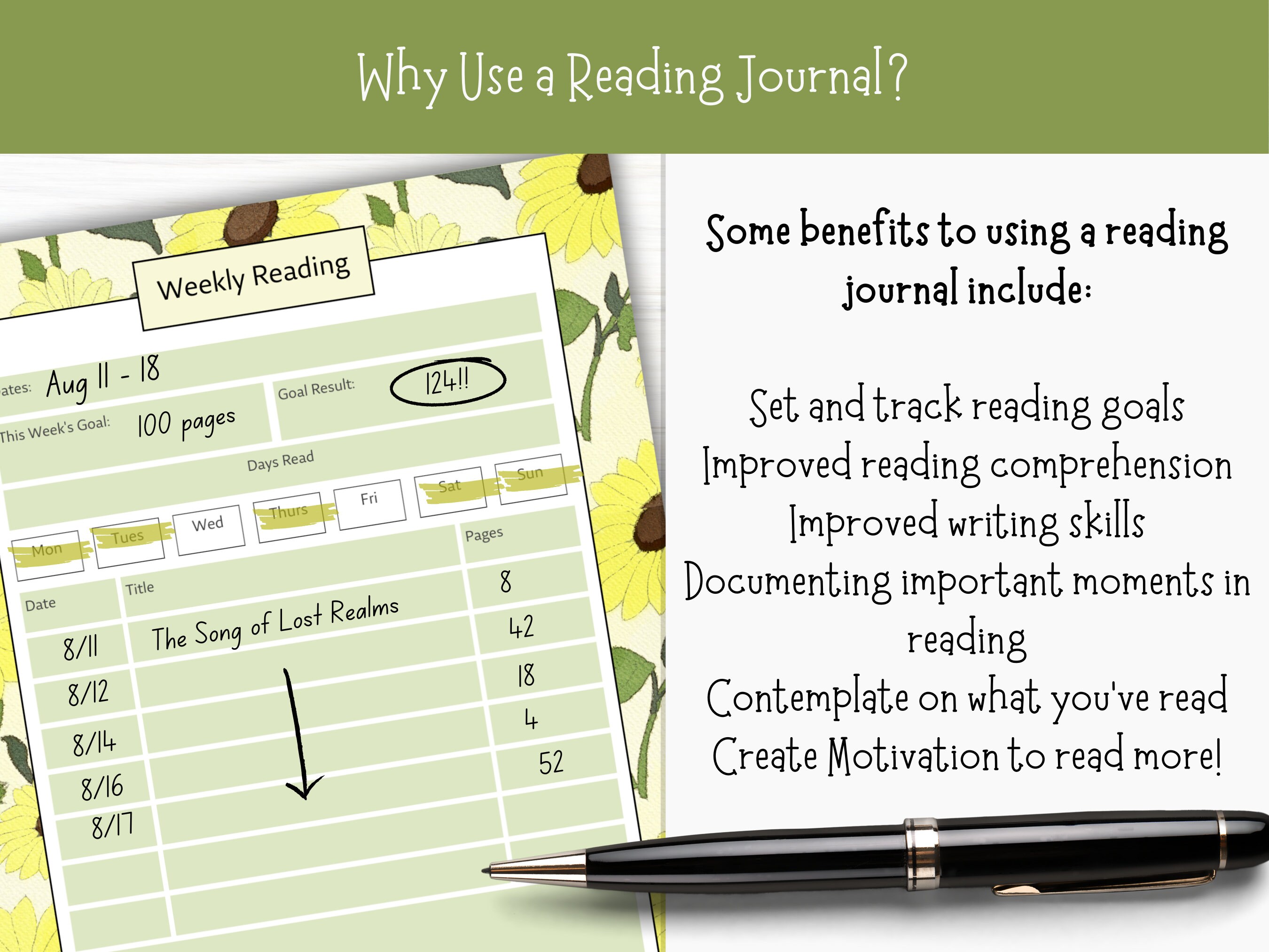 Printable Reading Journal Sunflower Digital PDF Farmhouse Reading Log ...