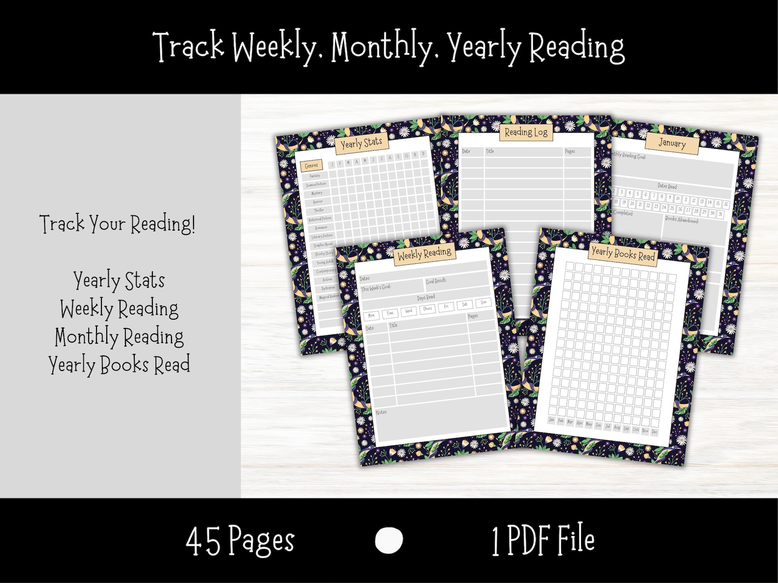 Printable Reading Journal Planner Log, Moon, Flowers, Floral, Easy to ...