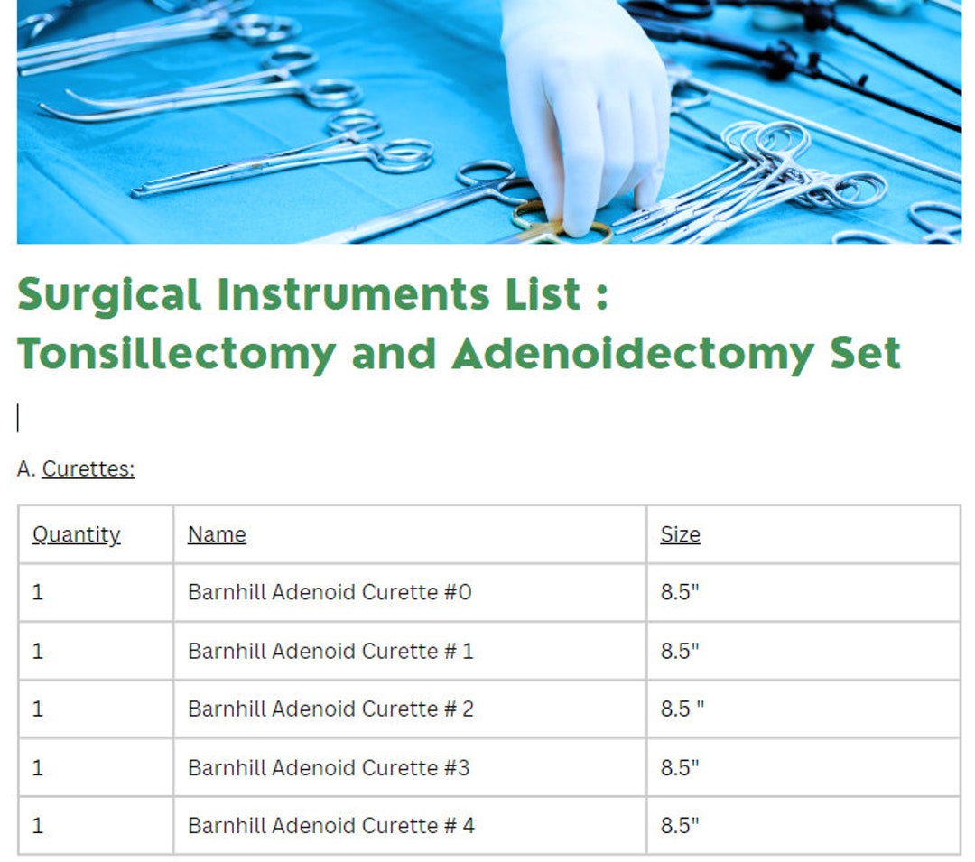 Surgical Instruments List Tonsillectomy and Adenoidectomy Set - Etsy