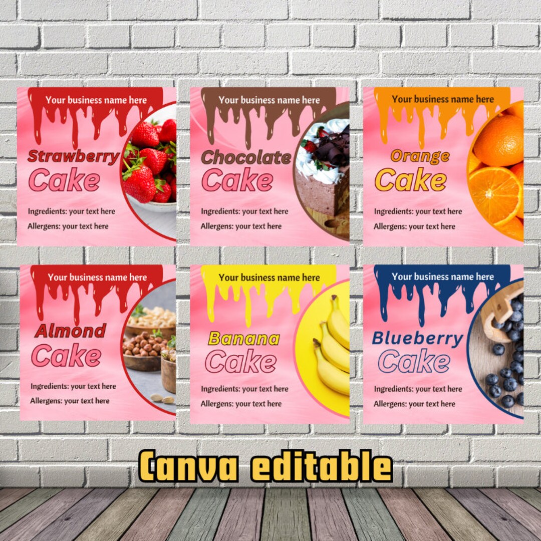 Cake Label Templates, Canva Printable, Set of 6 Cake Labels ...