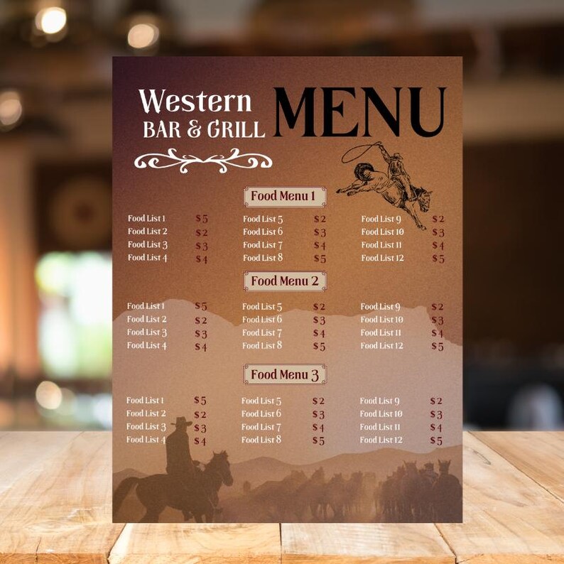 Western Bar & Grill Food Menu Flyer: Editable Canva Template (digital ...