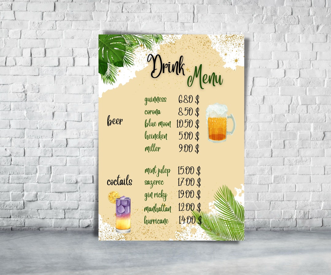 Drink Menu DIY, Coctail Menu Canva, Canva Editable Drink Menu, Drink ...
