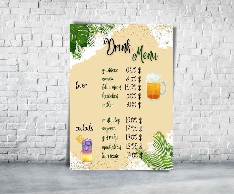 Drink Menu DIY, Coctail Menu Canva, Canva Editable Drink Menu, Drink ...