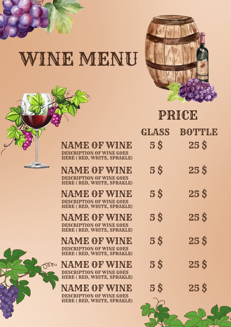 Editable Wine Menu Template: DIY Bar Prices (A4 Canva) - Etsy