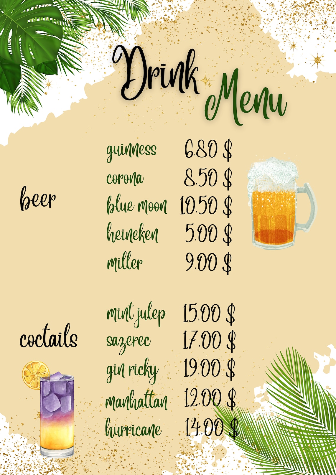Drink Menu DIY, Coctail Menu Canva, Canva Editable Drink Menu, Drink ...