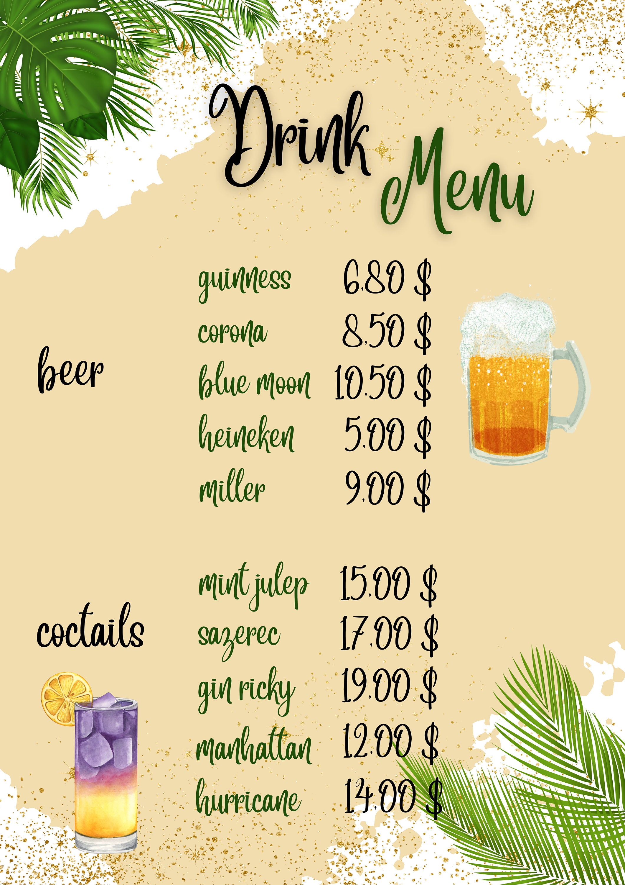 Drink Menu DIY, Coctail Menu Canva, Canva Editable Drink Menu, Drink ...