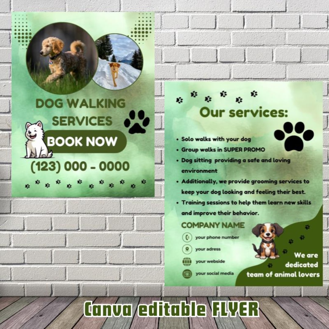 Editable Dog Walker Flyer, Dog Walking Canva Template, Pet Sitting ...