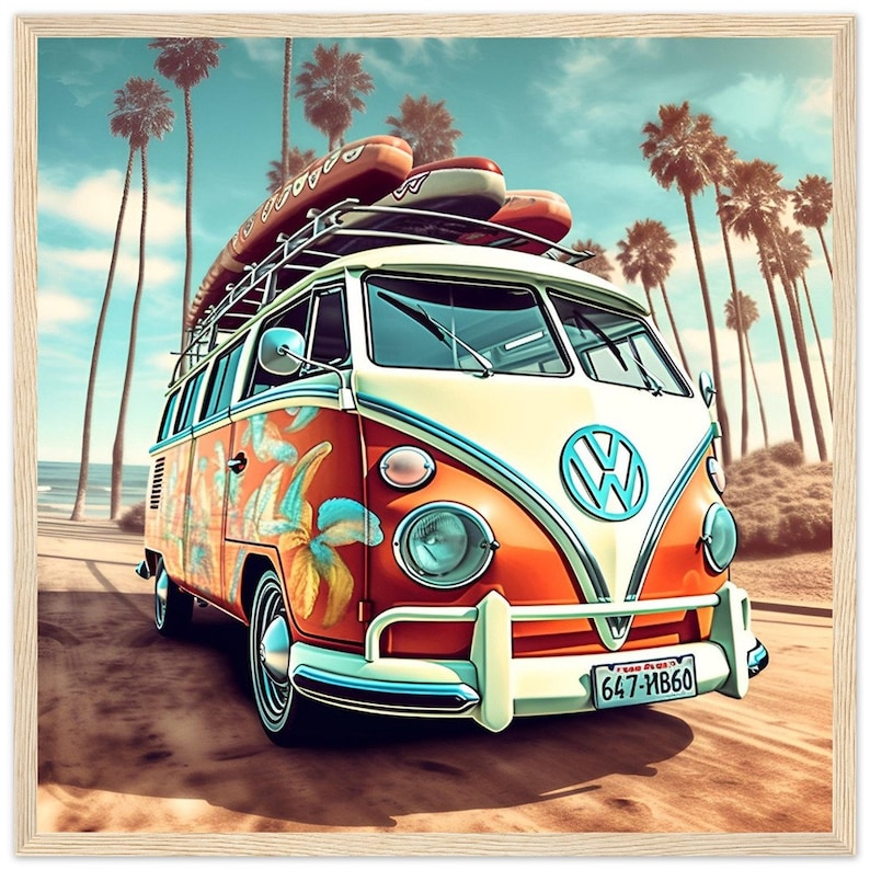Vintage Surf Vibes: Orange Retro VW Bus With Surfboards Poster in Beach ...