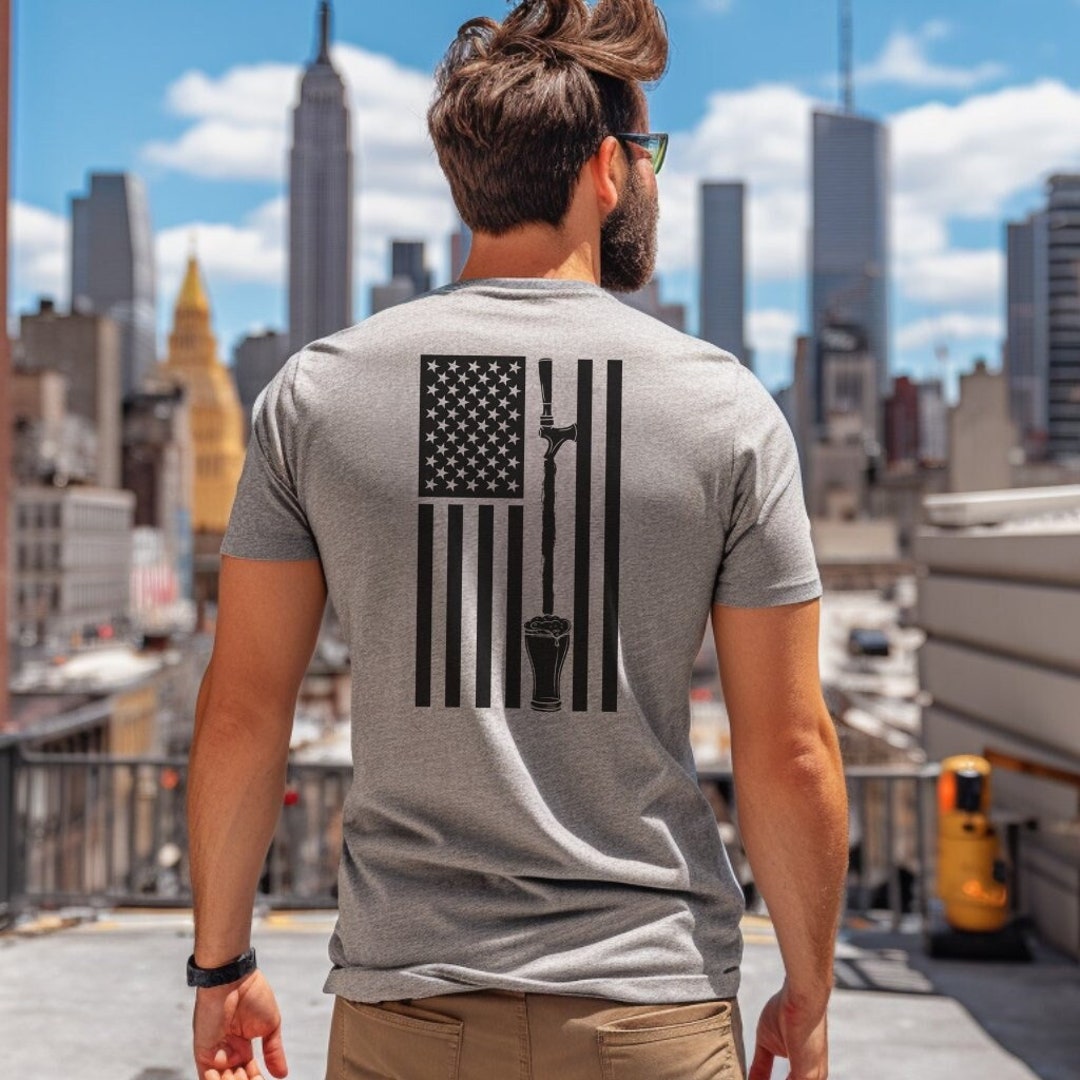 American Flag Beer Tap Graphic T-shirt, Patriotic Bar Apparel, Casual ...