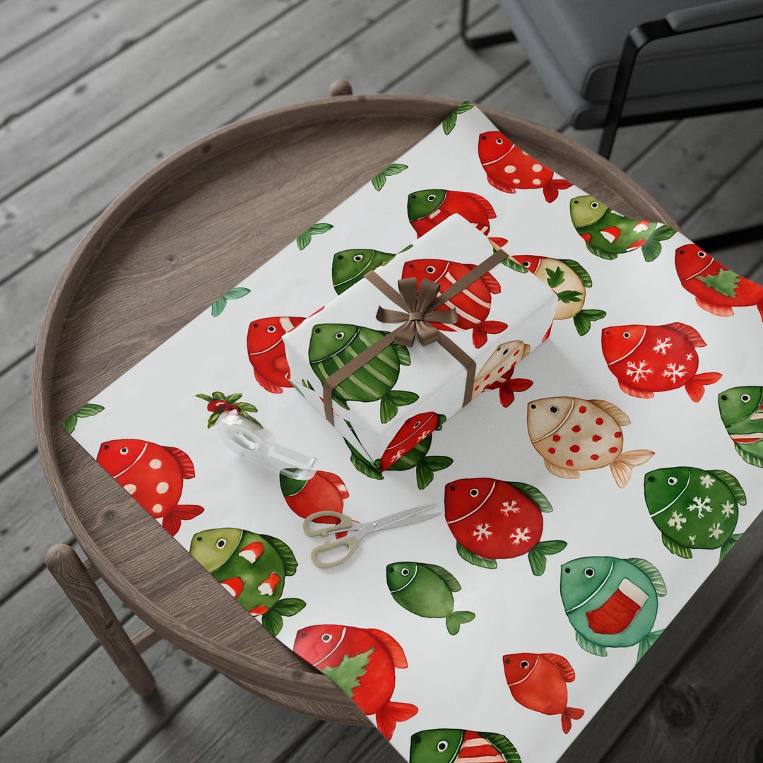 Festive Fish Wrapping Paper, Christmas Gift Wrap, Holiday Wrapping ...