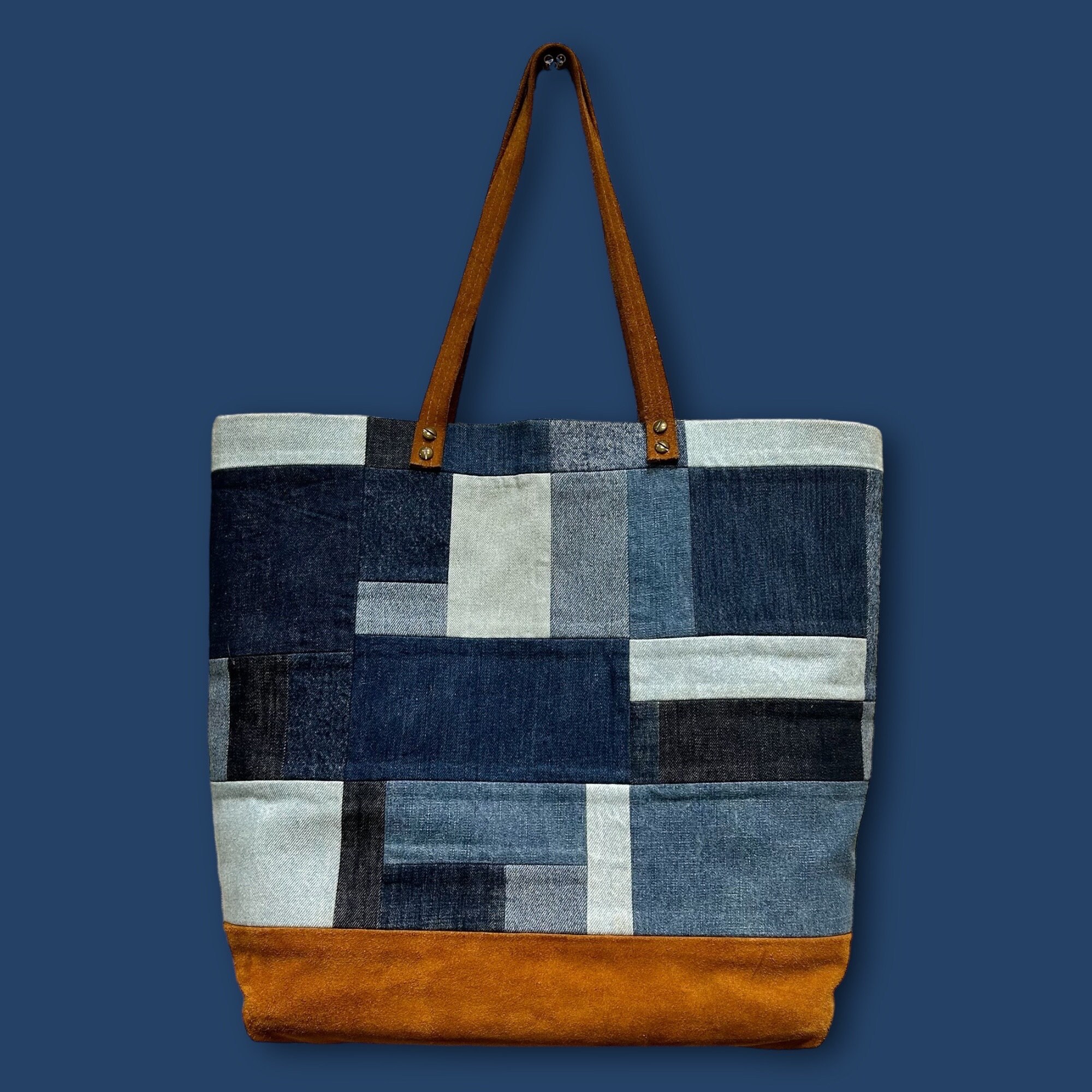 Cotton Denim 70s Modern Geometric Color Block Log Cabin Quilt Tote Bag ...
