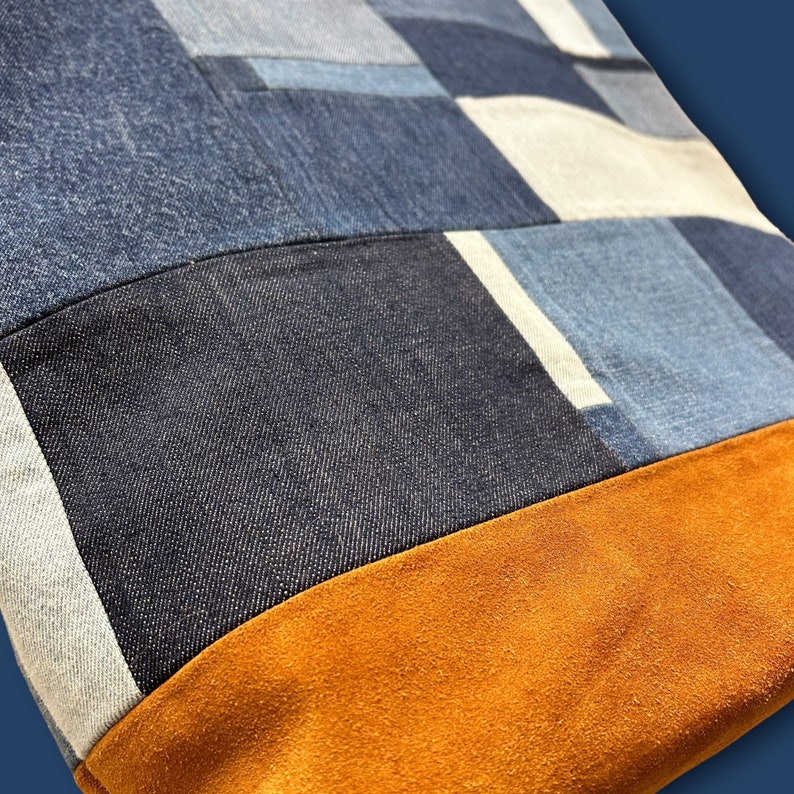 Cotton Denim 70s Modern Geometric Color Block Log Cabin Quilt Tote Bag ...