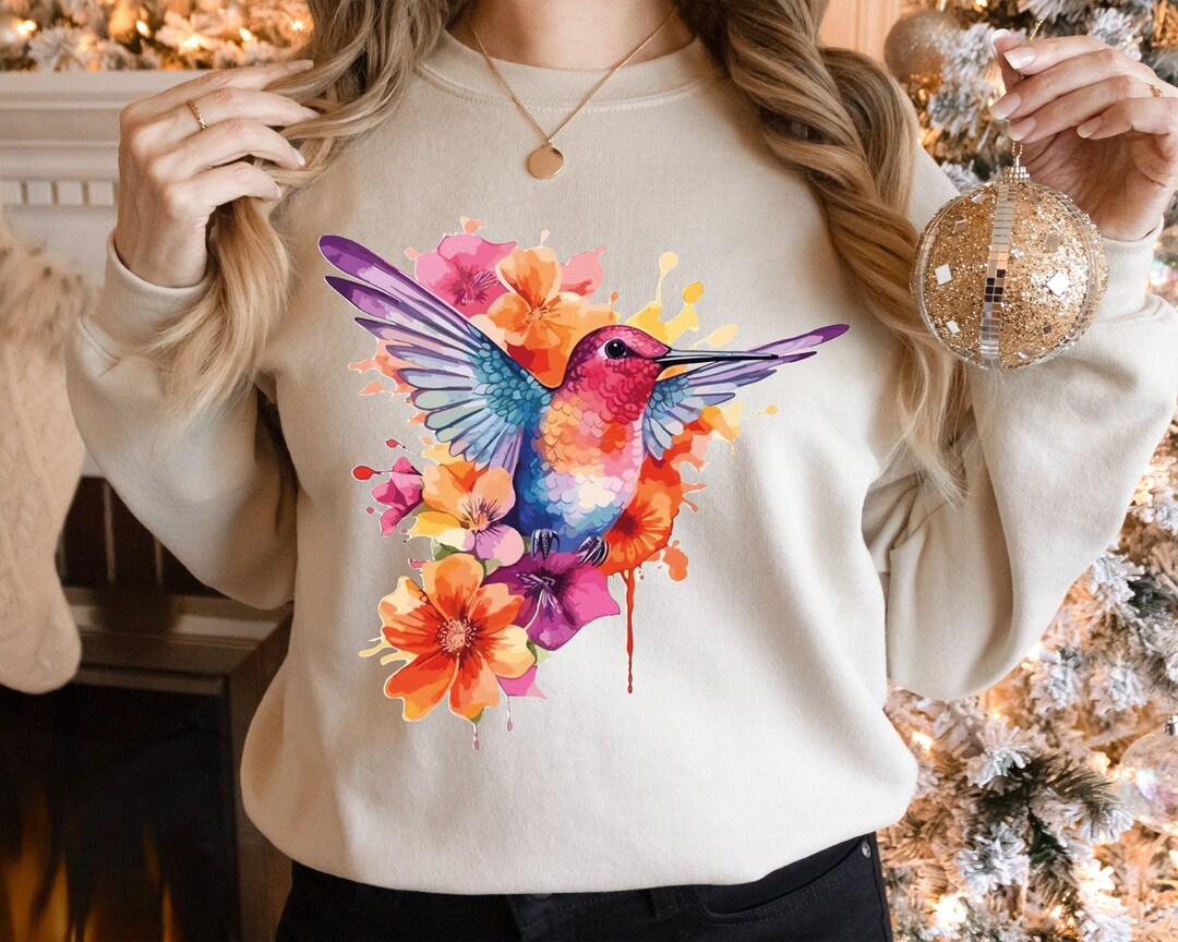 Hummingbird Sweatshirt, Floral Hummingbird Sweatshirt, Watercolor ...