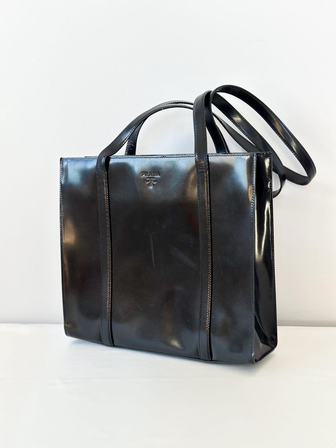 Vintage 1990s Prada Spazzolato Black Patent Leather Shoulder Bag 90s ...