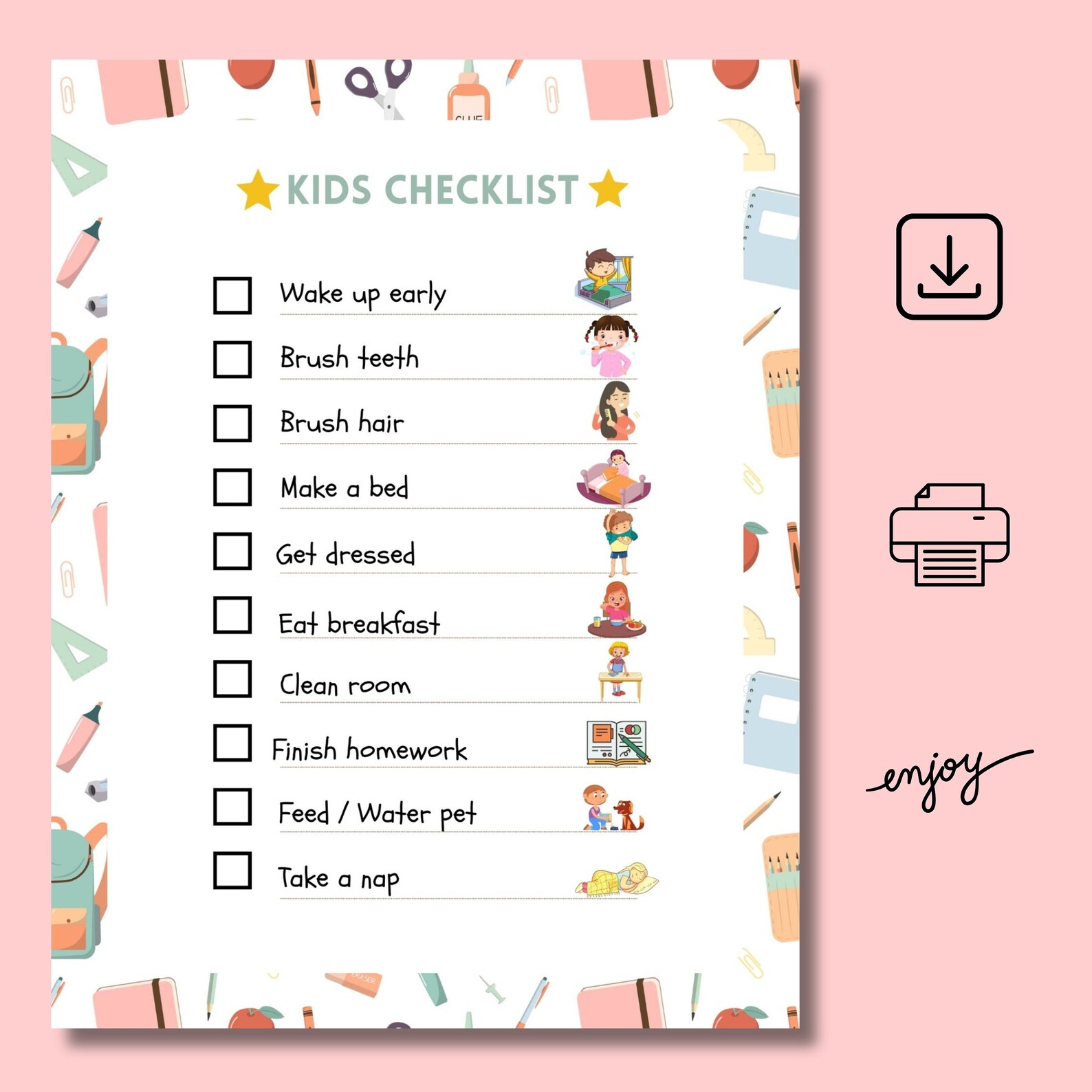 Printable Kids Daily Routine Checklist, Kids Responsibilities Chart ...