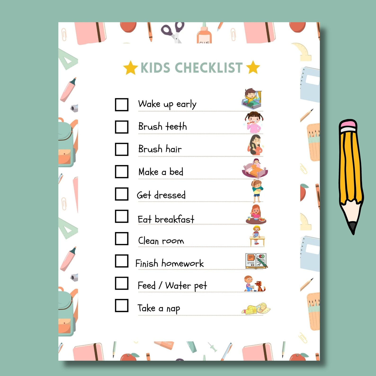 Printable Kids Daily Routine Checklist, Kids Responsibilities Chart ...