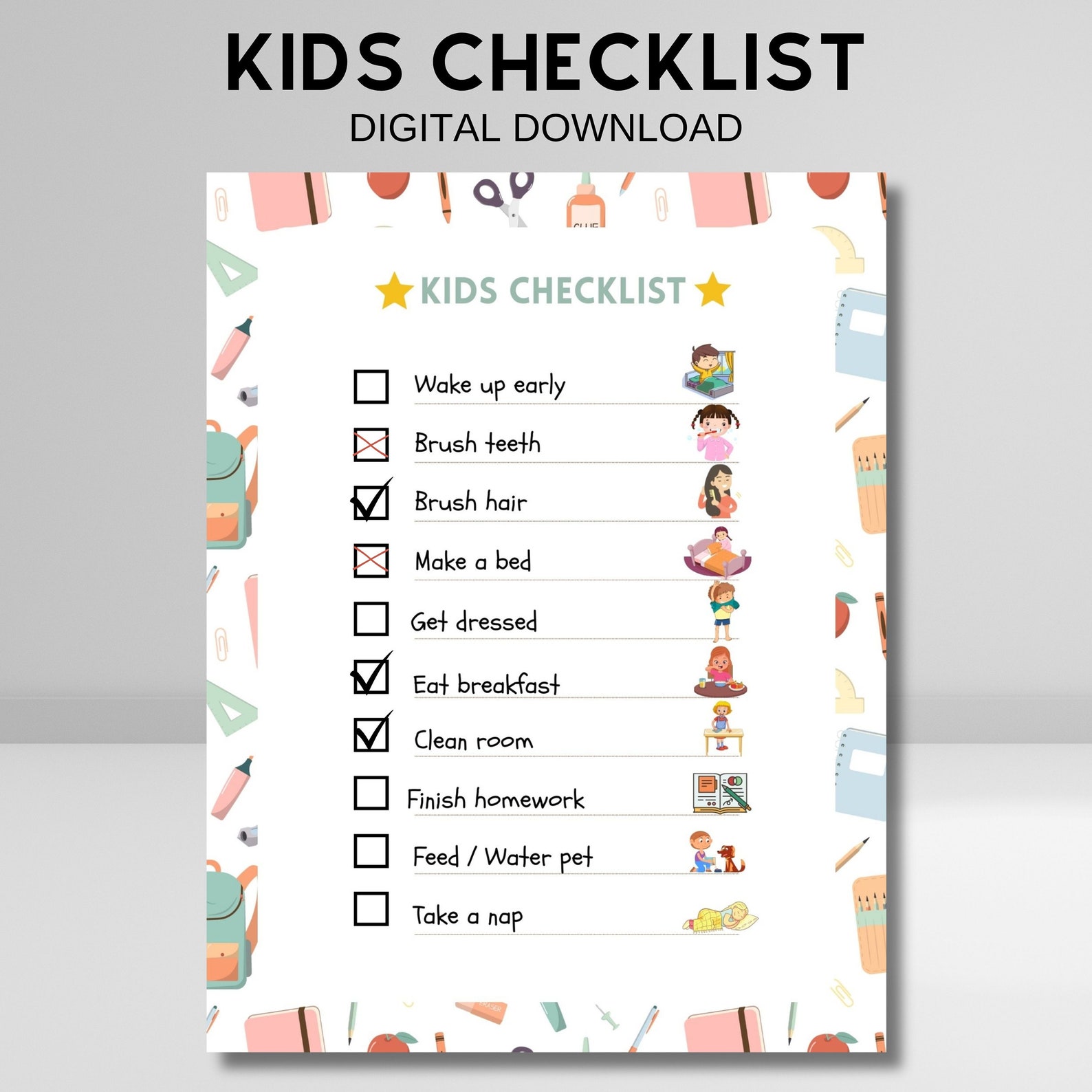 Printable Kids Daily Routine Checklist, Kids Responsibilities Chart ...