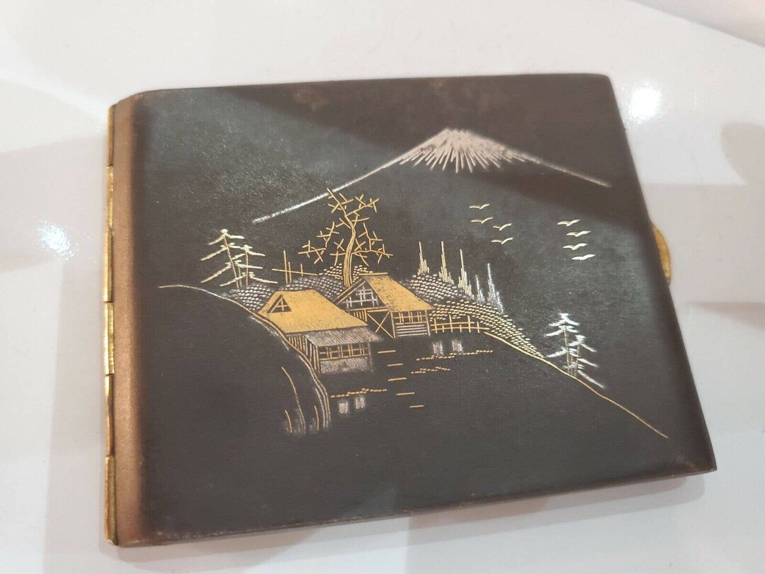 MT FUJI ANTIQUE Japanese Komai Damascene K24 Gold, Silver Cigarette ...