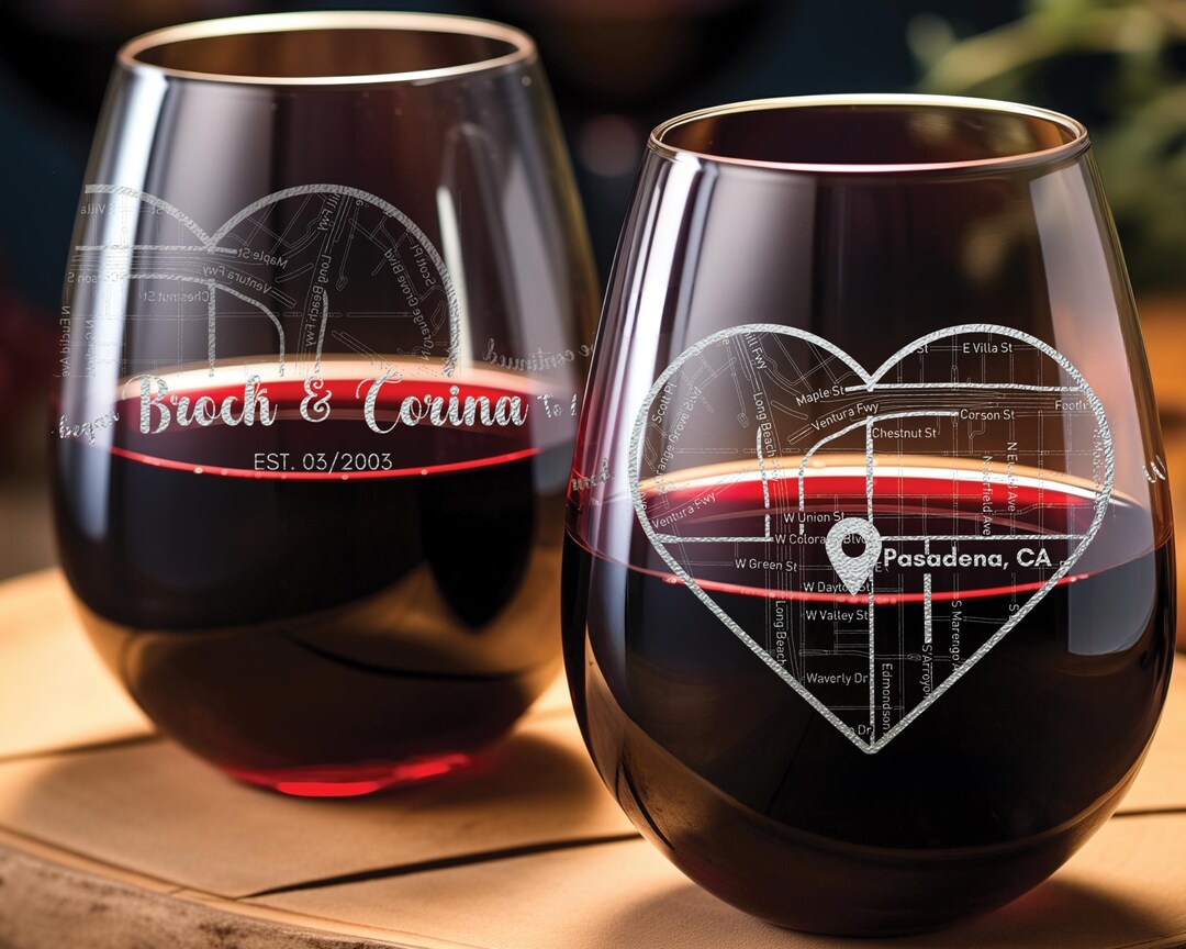 Custom Map Heart Wine Glass – Personalized Engraving With Names & Date ...
